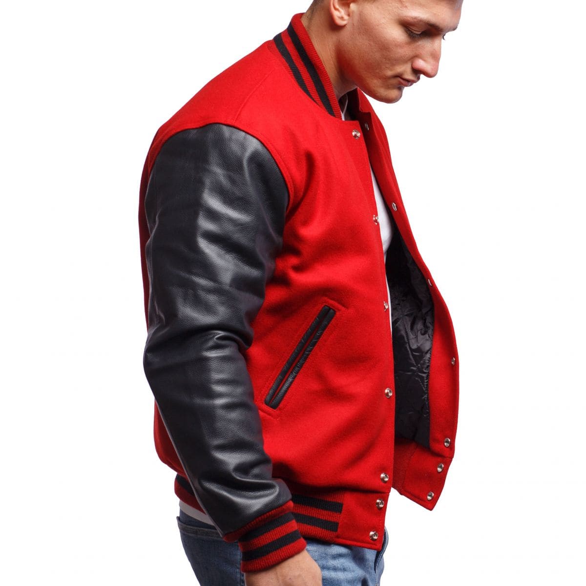 Men's Red Varsity Bomber Leather Jacket - Moto Jacketer